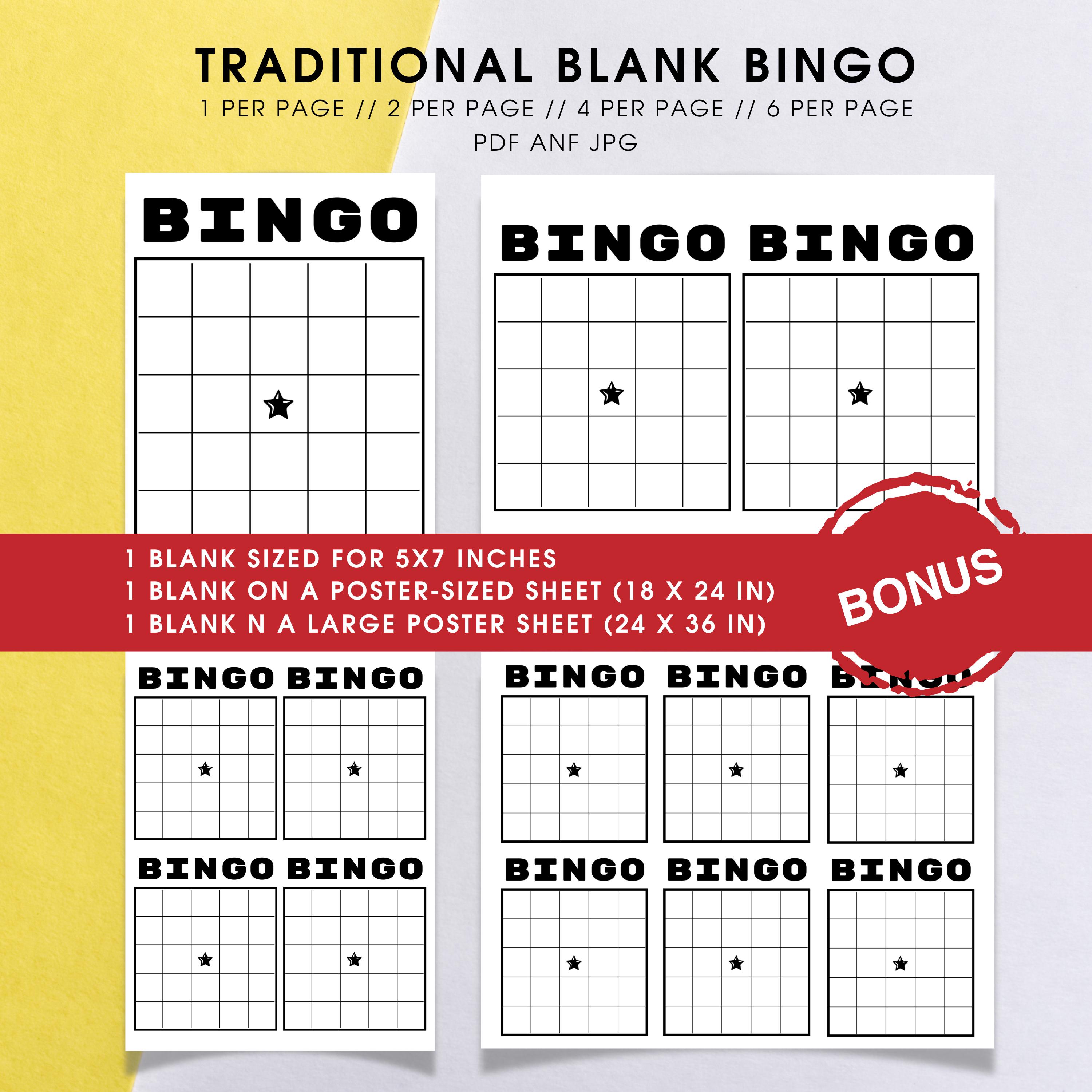 Printable Blank Bingo Card Template DIY | 1, 2, 4, and 6 per Page ...
