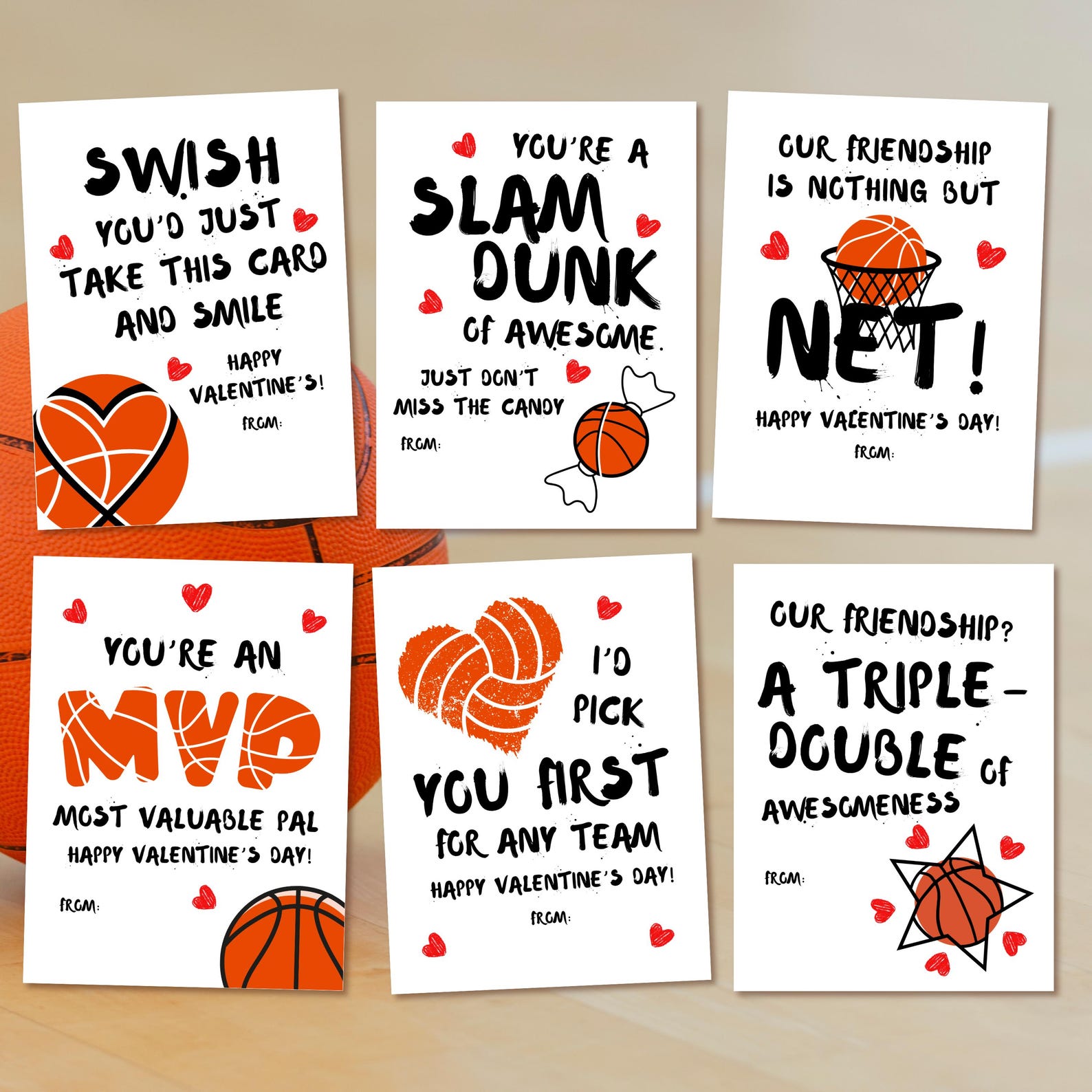 Funny Basketball Valentines Day Cards for Kids, Printable Classroom ...