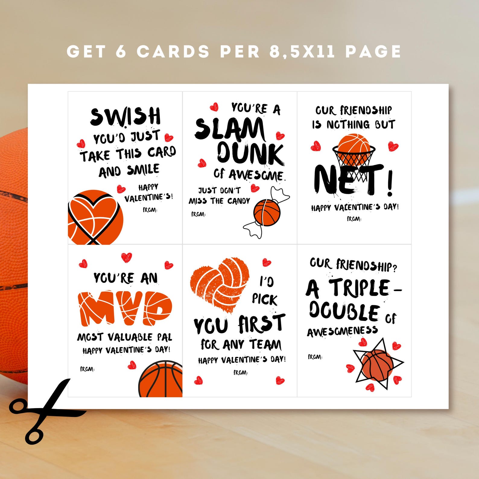 Funny Basketball Valentines Day Cards for Kids, Printable Classroom ...