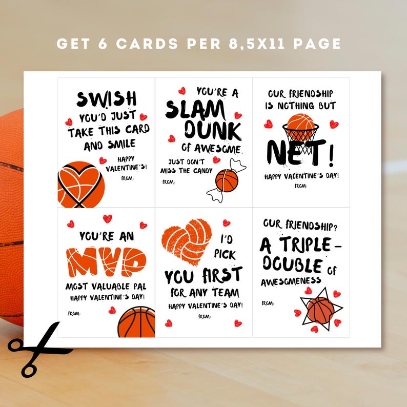 Funny Basketball Valentines Day Cards for Kids, Printable Classroom ...