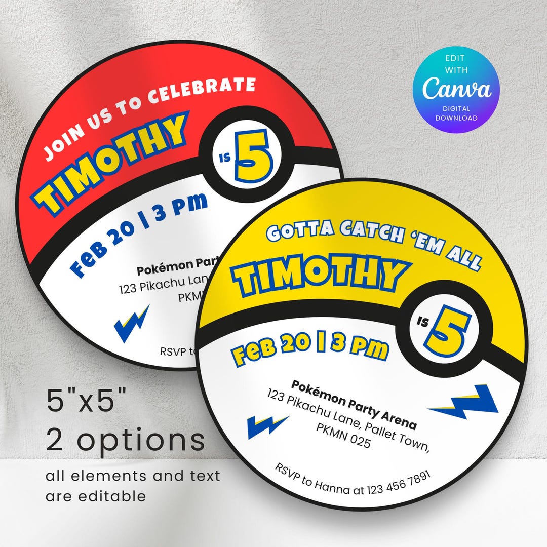 Round Pokémon Birthday Invitation | Editable Pikachu Party, 5x5 ...