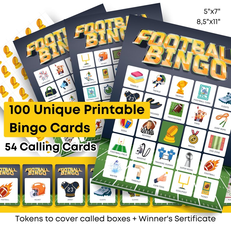 Printable Football Bingo Game | 100 Unique Cards + 54 Calling Cards ...
