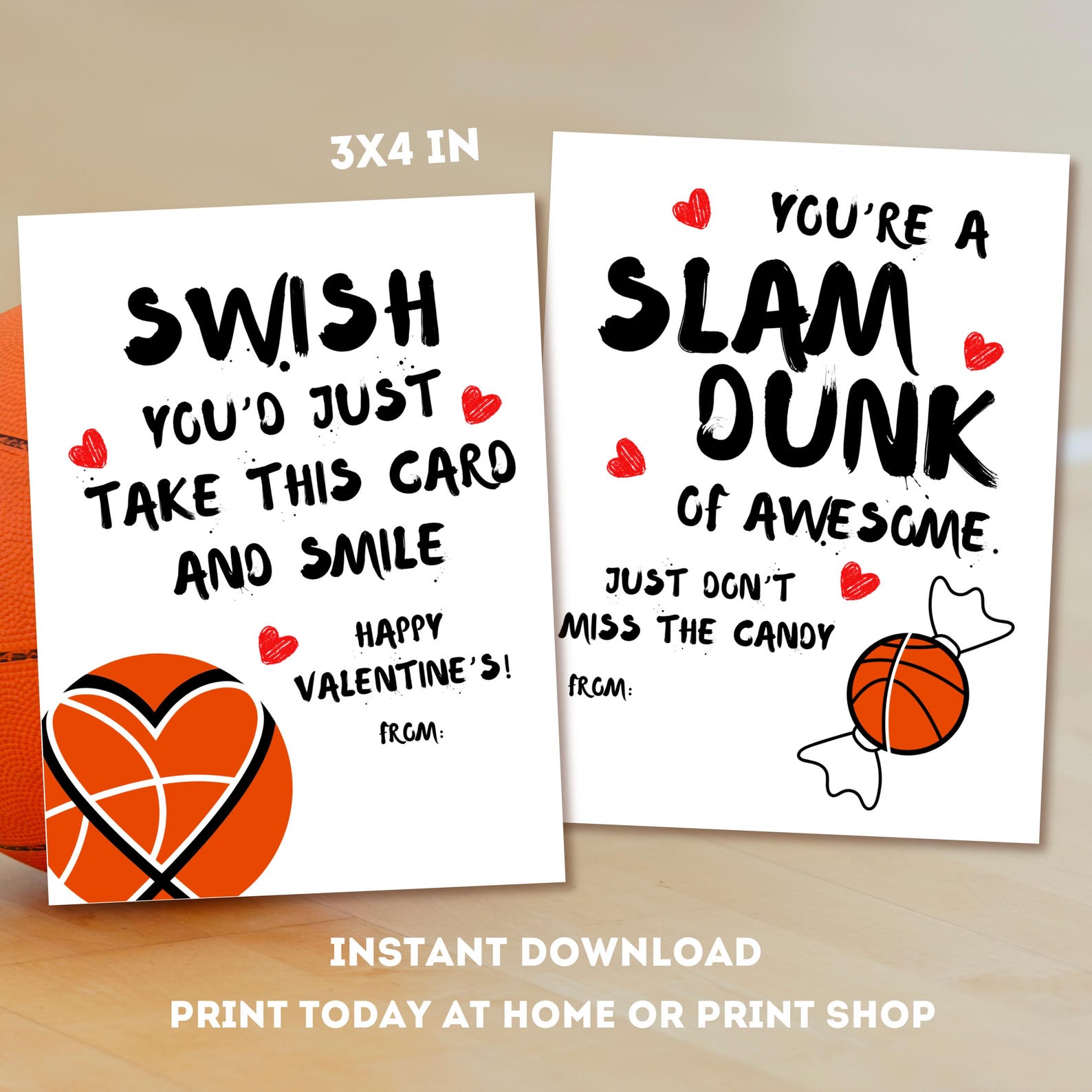 Funny Basketball Valentines Day Cards for Kids, Printable Classroom ...