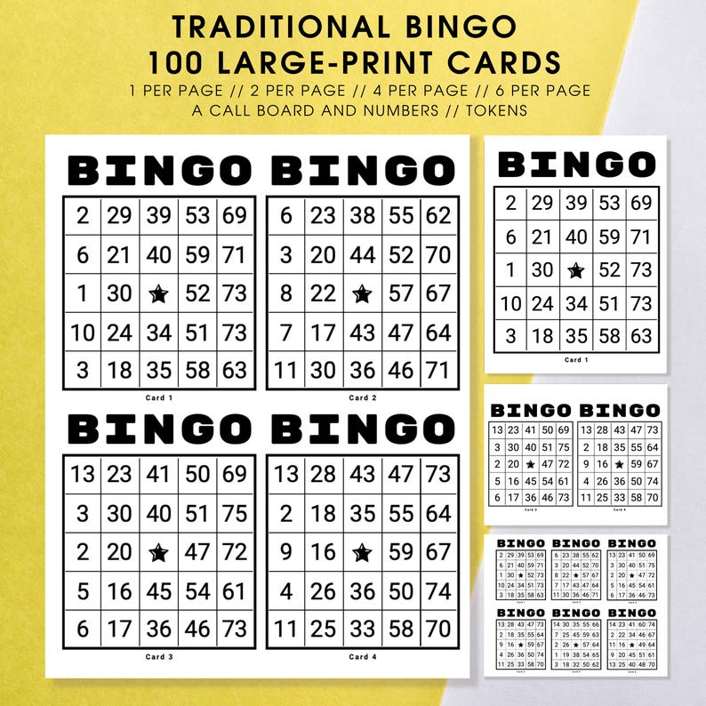 100 Unique Traditional Bingo Cards PDF | 1, 2, 4, 6 per Page | Large ...