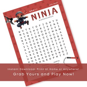 Ninja Word Search Game Printable Kids Activity A4 & Letter Size Red ...