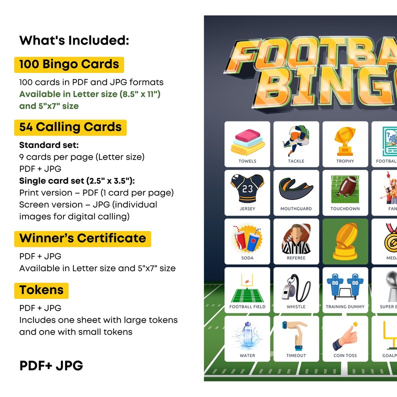 Printable Football Bingo Game | 100 Unique Cards + 54 Calling Cards ...