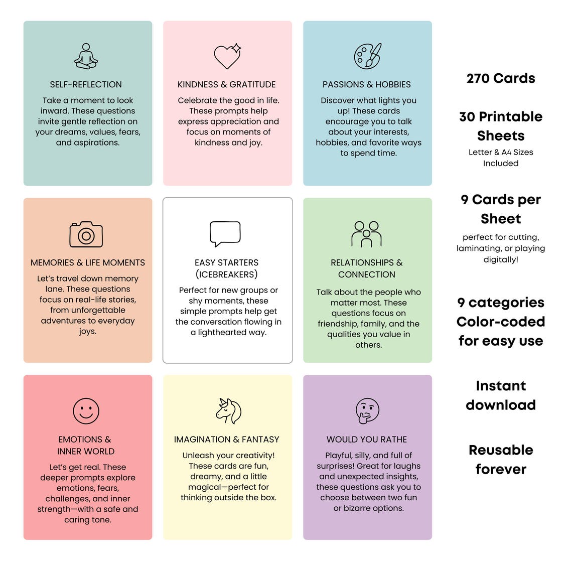 270 Printable Conversation Cards for Families, Couples, Therapy ...