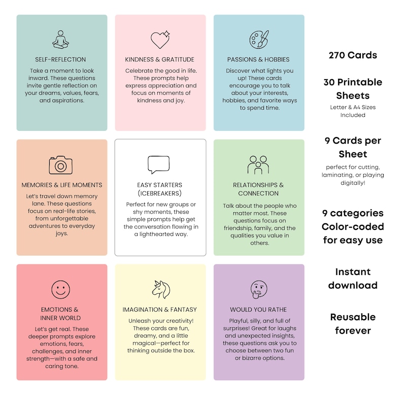 270 Printable Conversation Cards for Families, Couples, Therapy ...