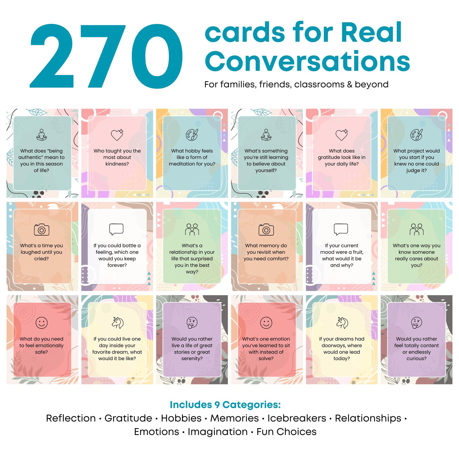 270 Printable Conversation Cards for Families, Couples, Therapy ...