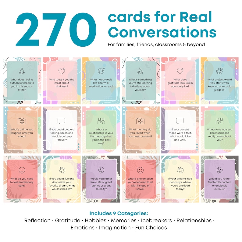270 Printable Conversation Cards for Families, Couples, Therapy ...