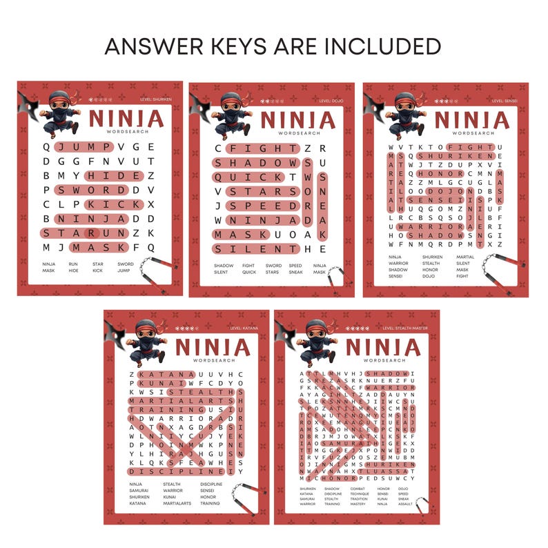 Ninja Word Search Game Printable Kids Activity A4 & Letter Size Red ...
