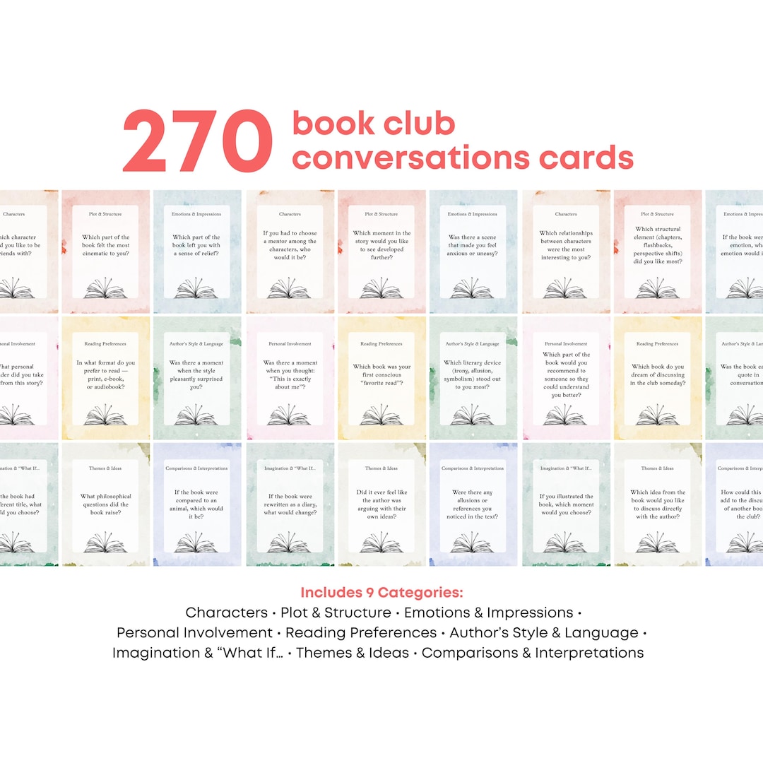 270 Book Club Discussion Cards | Printable Icebreaker Questions ...