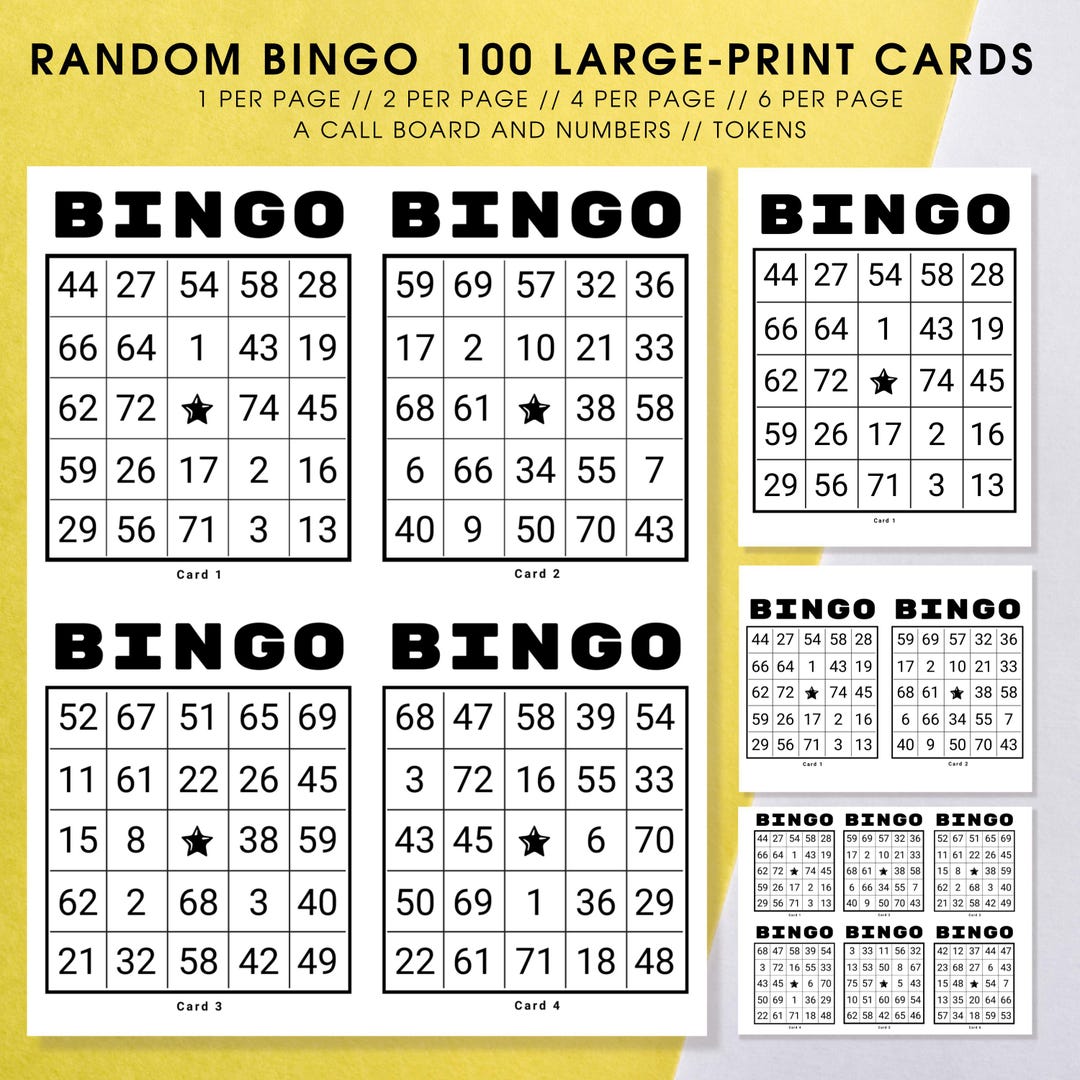 100 Unique Random Bingo Cards PDF Download | 1, 2, 4, 6 per Page ...