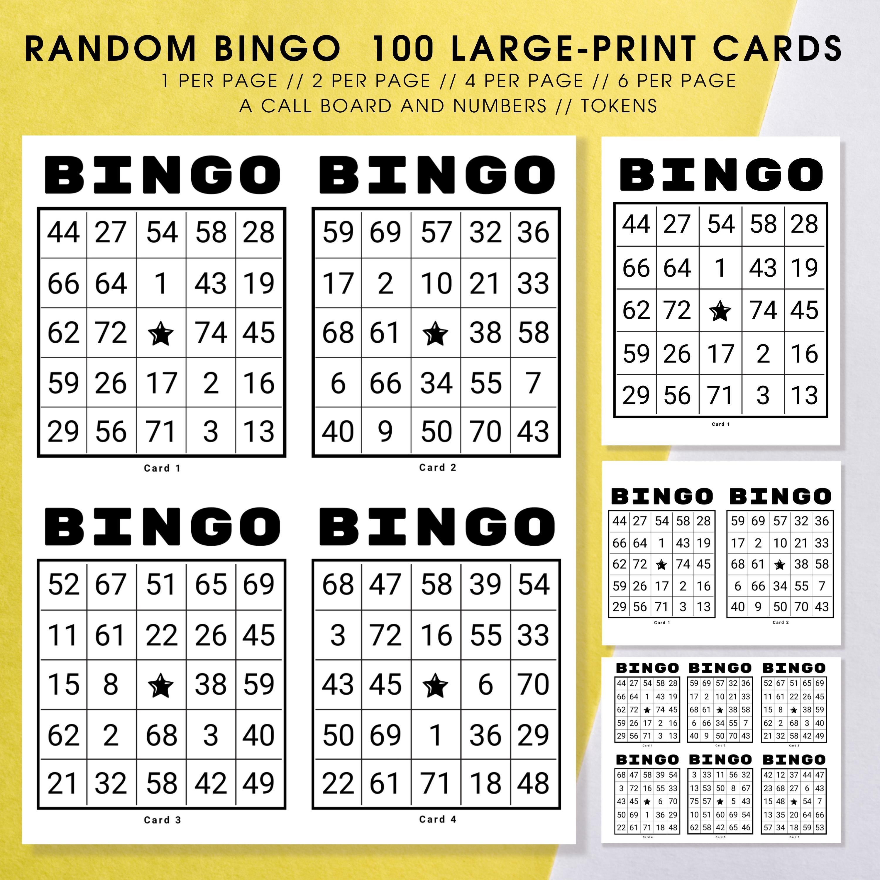 100 Unique Random Bingo Cards PDF Download | 1, 2, 4, 6 per Page | Large Print | Instant ...