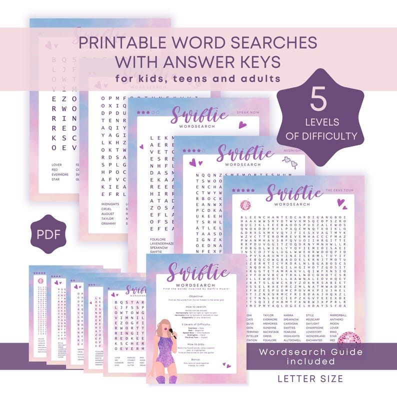 Taylor Word Search Puzzle 5 Printable Pages for Kids and Adults ...