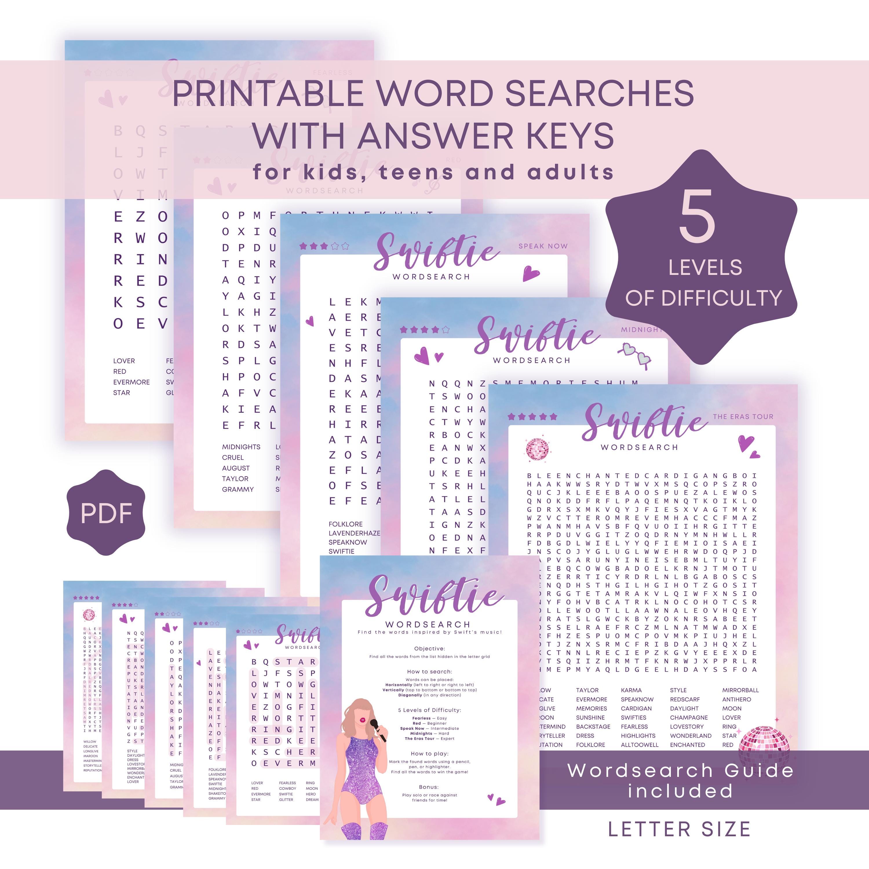 Taylor Word Search Puzzle 5 Printable Pages for Kids and Adults ...