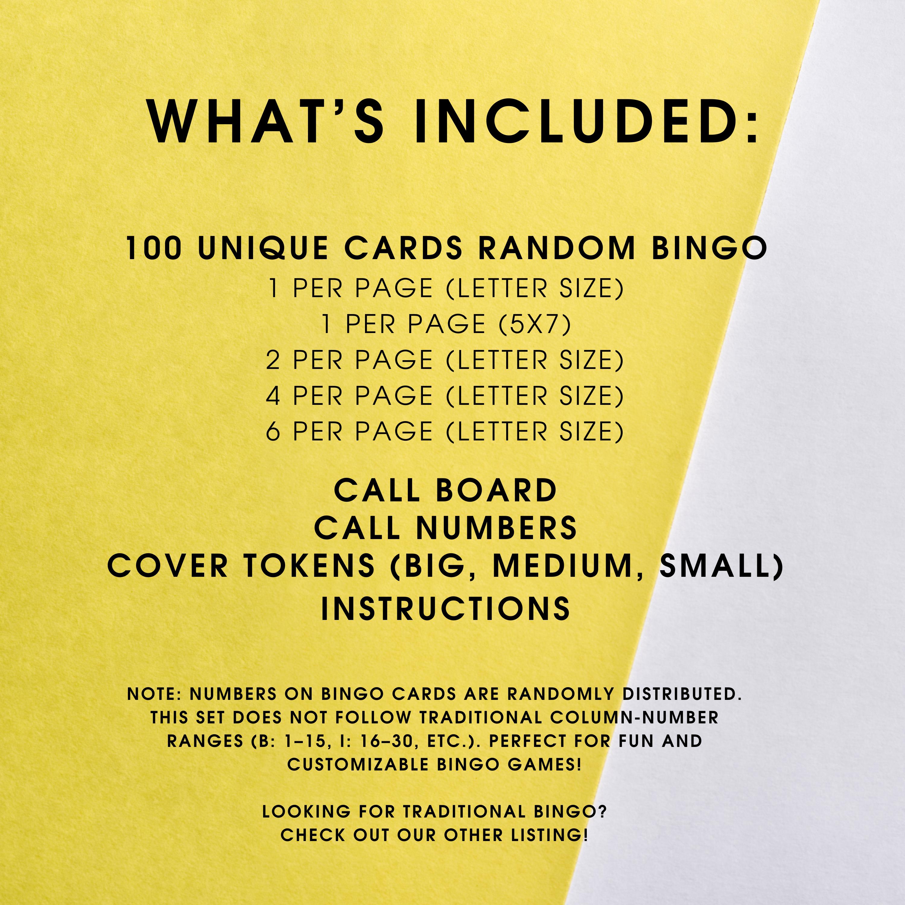 100 Unique Random Bingo Cards PDF Download | 1, 2, 4, 6 per Page ...