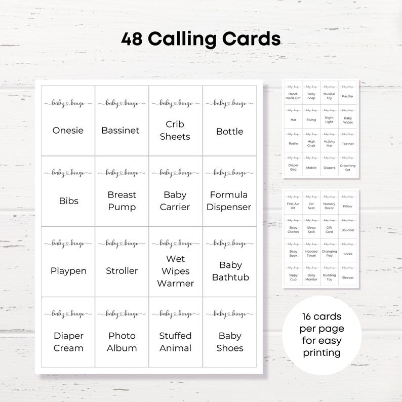Printable Baby Shower Bingo Game | 100 Unique Bingo Cards + 48 Calling ...