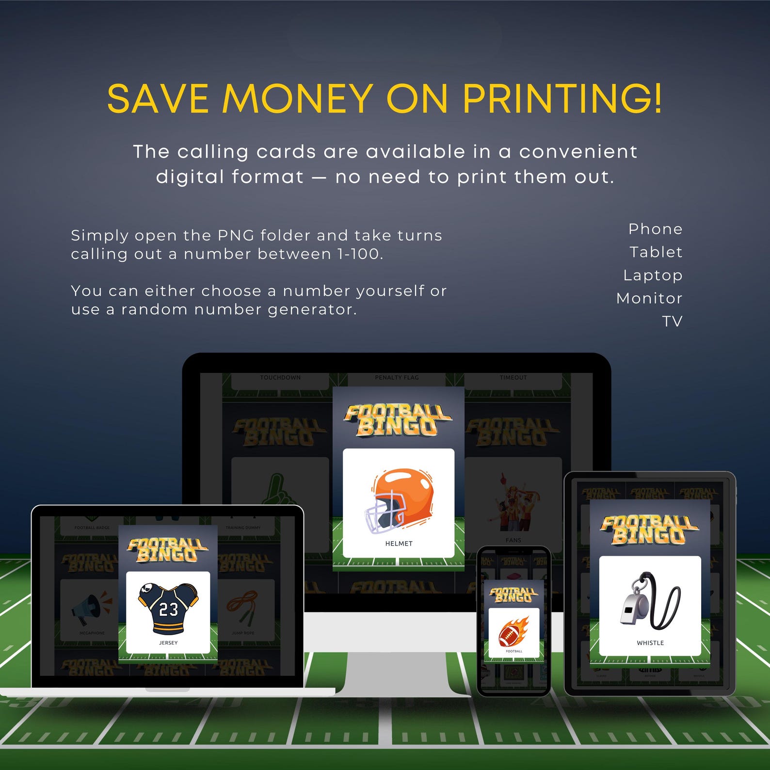 Printable Football Bingo Game | 100 Unique Cards + 54 Calling Cards ...