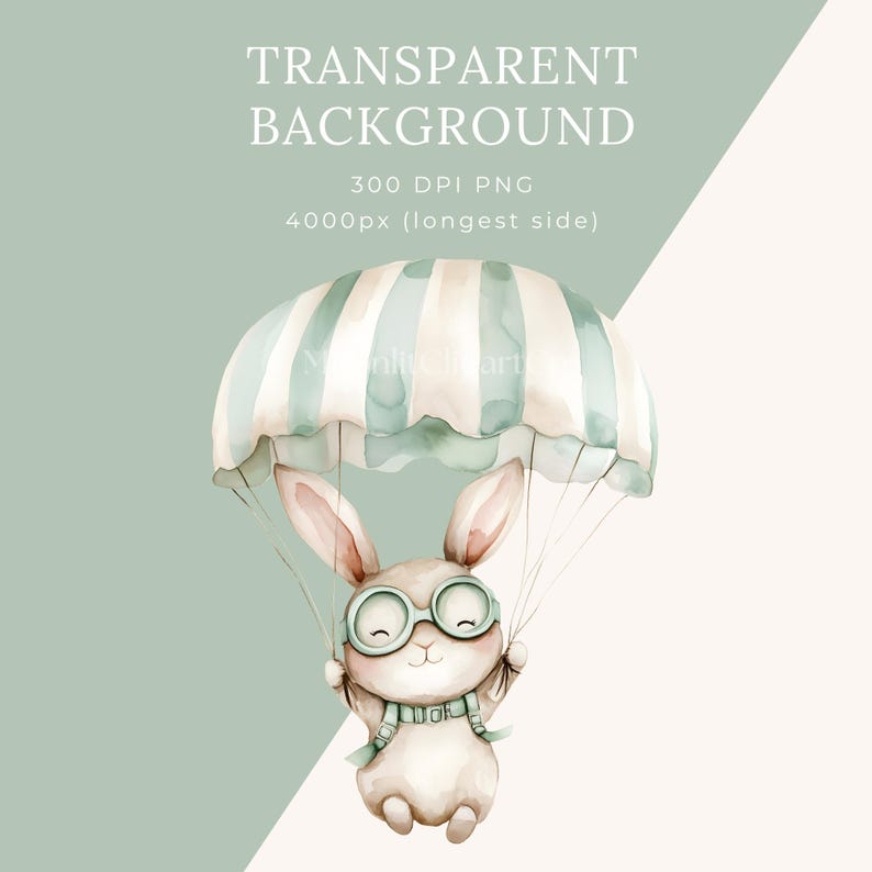 Parachute Bunny Clipart | SINGLE IMAGE | Watercolor Aviator Rabbit ...