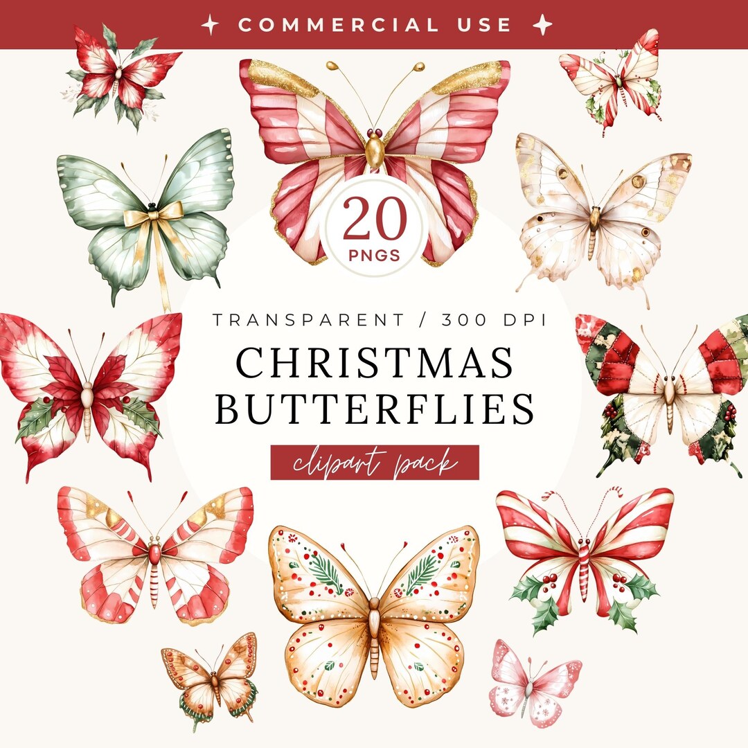 Christmas Butterflies Clipart Bundle, Watercolor Holiday Butterfly ...