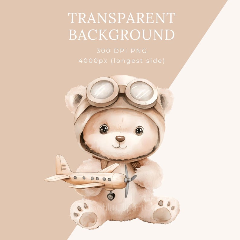 Captain Teddy Clipart | SINGLE IMAGE | Watercolor Pilot Bear With ...