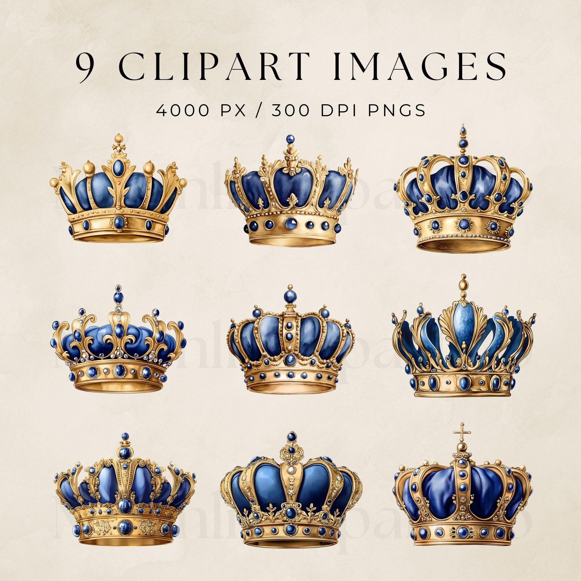 Royal Blue Crowns Clipart Pack, King & Queen, Majestic Watercolor Art ...