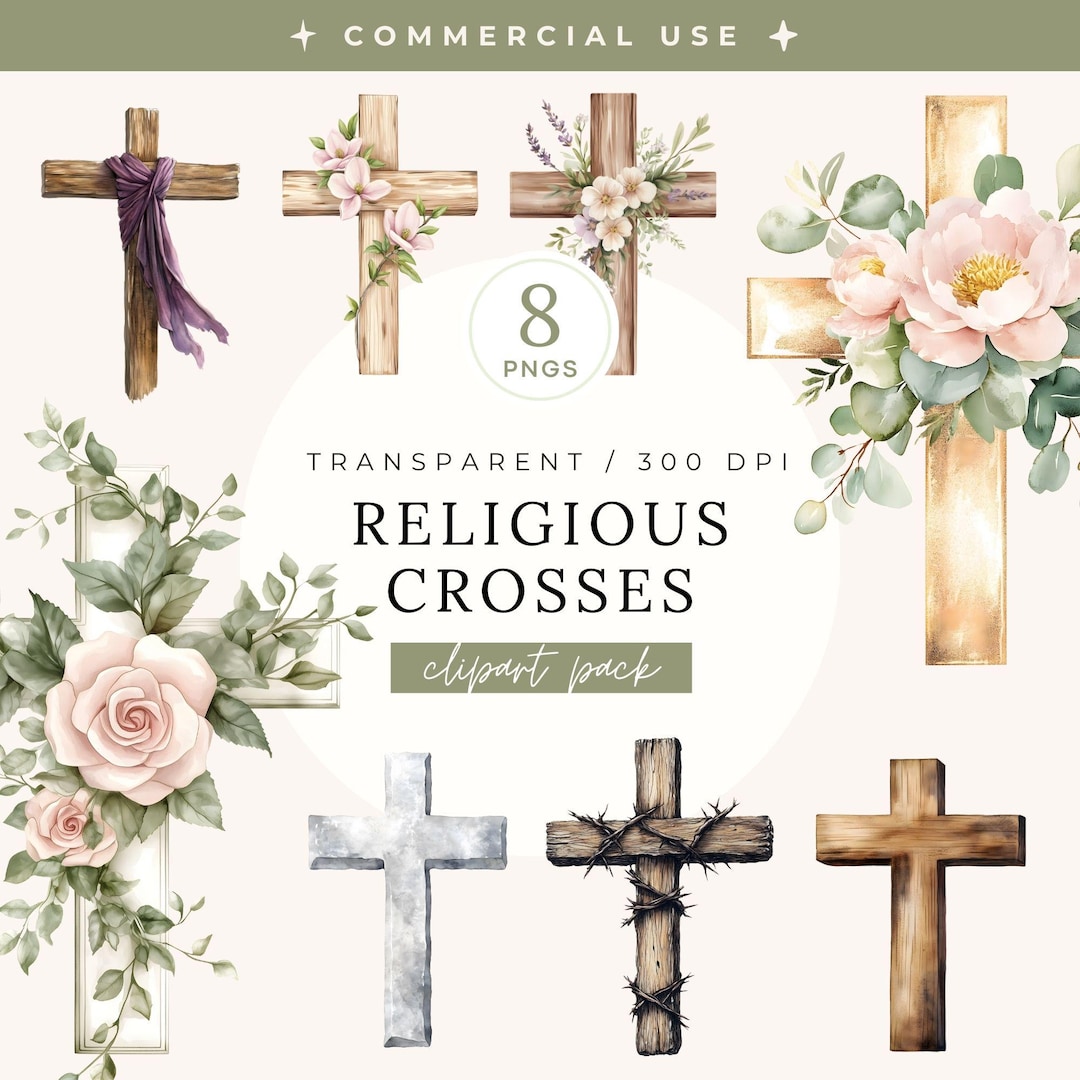 Watercolor Cross Clipart Set, Christian Religion, Floral Wooden Cross ...