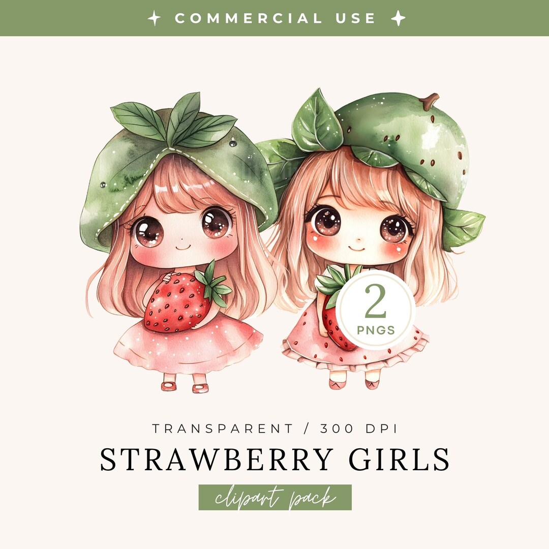 Strawberry Girls Clipart, Watercolor Kawaii Fruit, Baby Shower ...