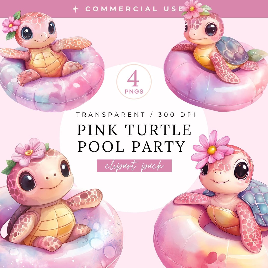 Pink Turtle Pool Party Clipart Pack, Watercolor Sea Animal, Cute Baby ...