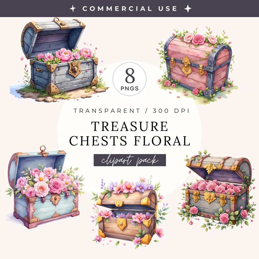 Floral Treasure Chests Clipart Pack, Watercolor Fantasy Game Asset PNG ...