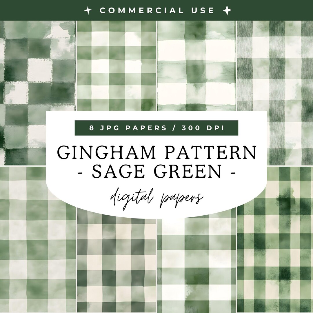 Sage Green Gingham Pattern Digital Pages, Watercolor Squares Textures ...