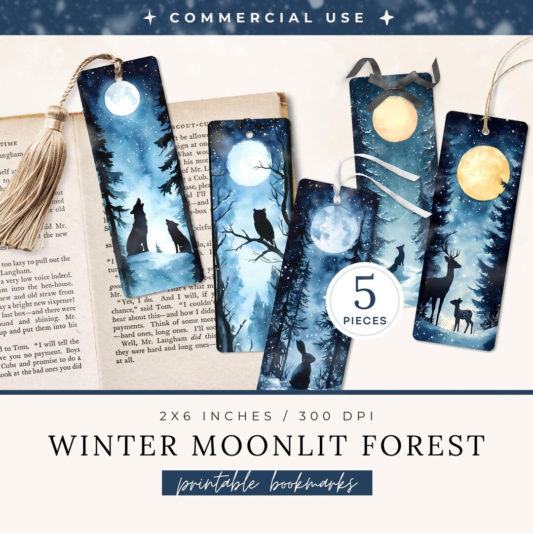 Winter Moonlit Forest Printable Bookmarks, Moody Christmas Bookish ...