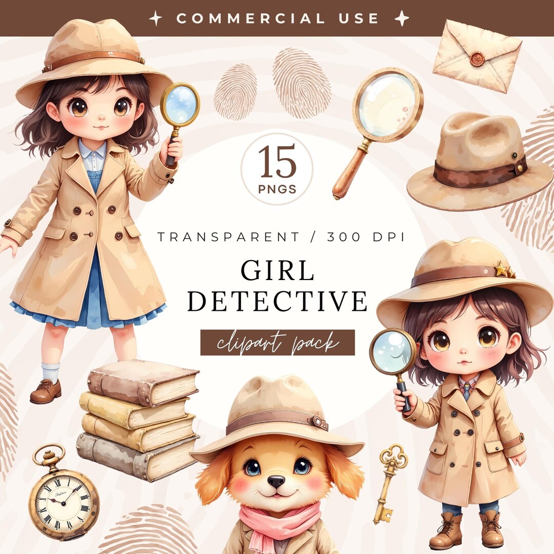 Girl Detective Clipart Pack, Watercolor Cute Private Investigator Pngs ...