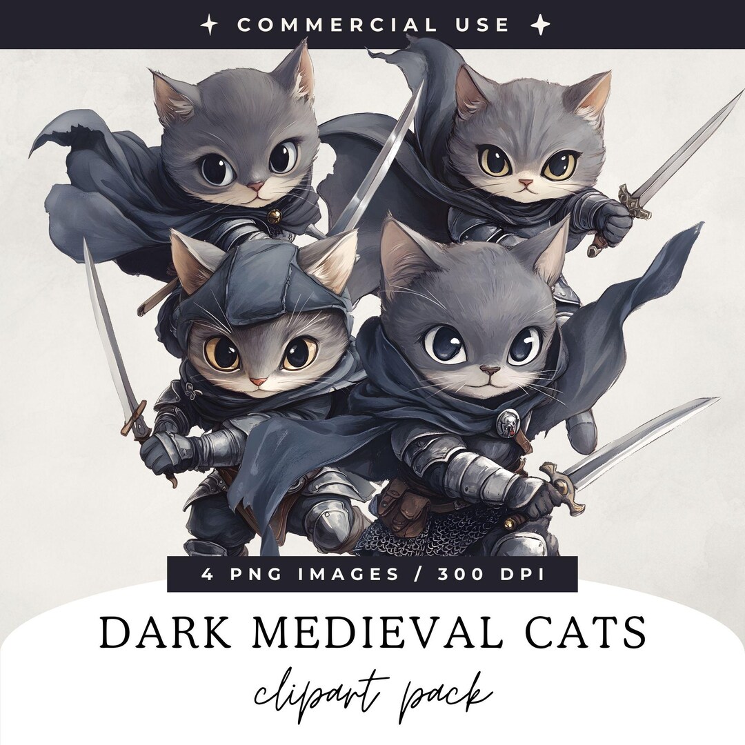 Dark Medieval Cats Clipart Pack, Tudor, Fantasy Black Cat, Gothic Cat ...