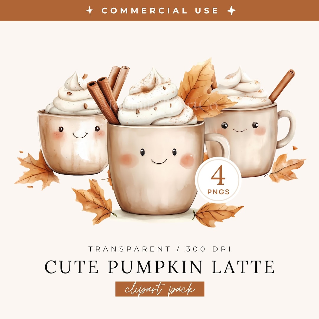 Cute Pumpkin Spice Latte Clipart Pack, Watercolor Cozy Kawaii Mug PNG ...
