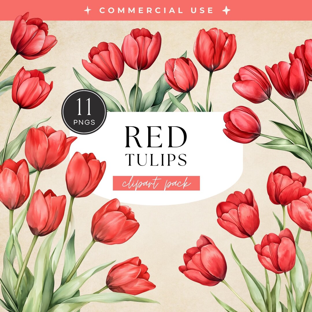 Red Tulips Clipart Set, Watercolor Flowers, Tulip Wreath Clip Art ...
