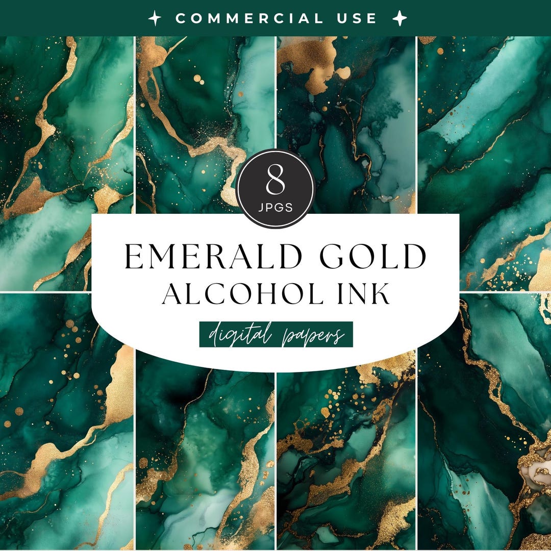 Emerald Green and Gold Alcohol Ink Digital Papers, Wedding Invitation ...