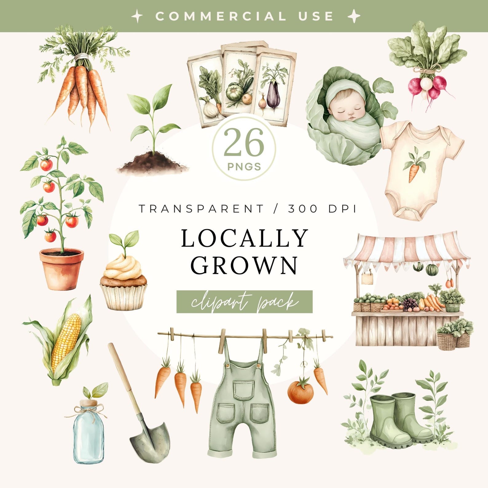 Locally Grown Clipart Pack, Watercolor Fresh off Farmers Market PNG ...