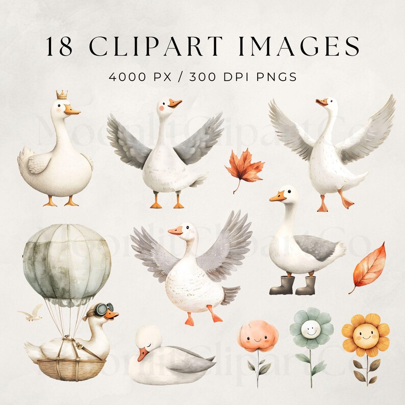 Silly Goose Clipart Bundle, Watercolor Funny Geese PNG, Cute Animals ...