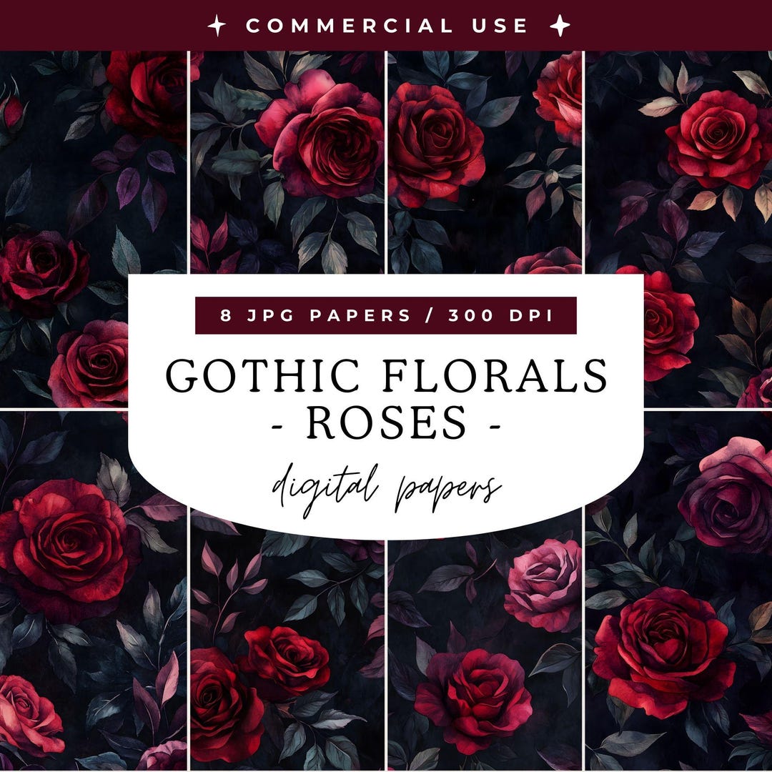 Gothic Florals Digital Pages, Dark Watercolor Roses Clipart Textures ...