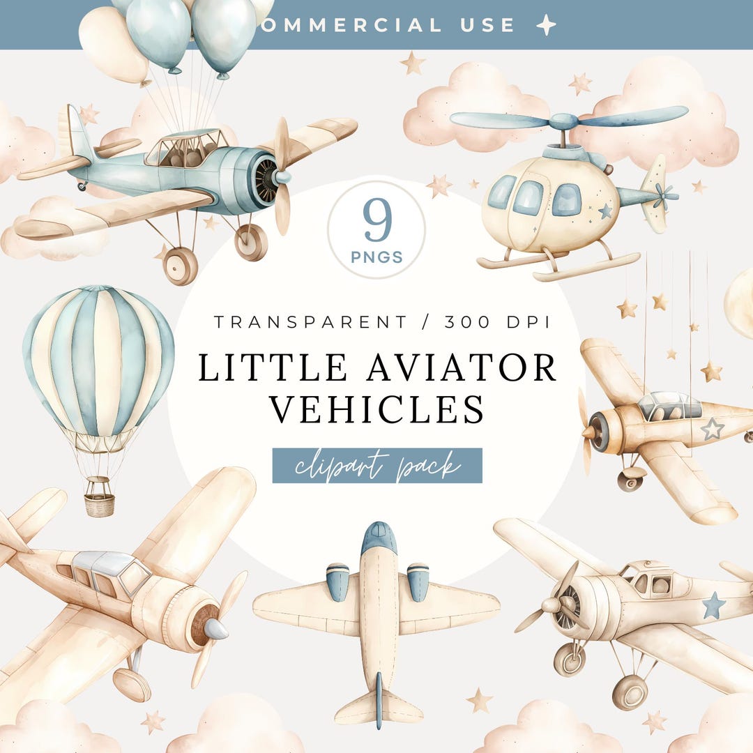 Little Aviator Vehicles Clipart Pack, Watercolor Blue Airplane PNG ...