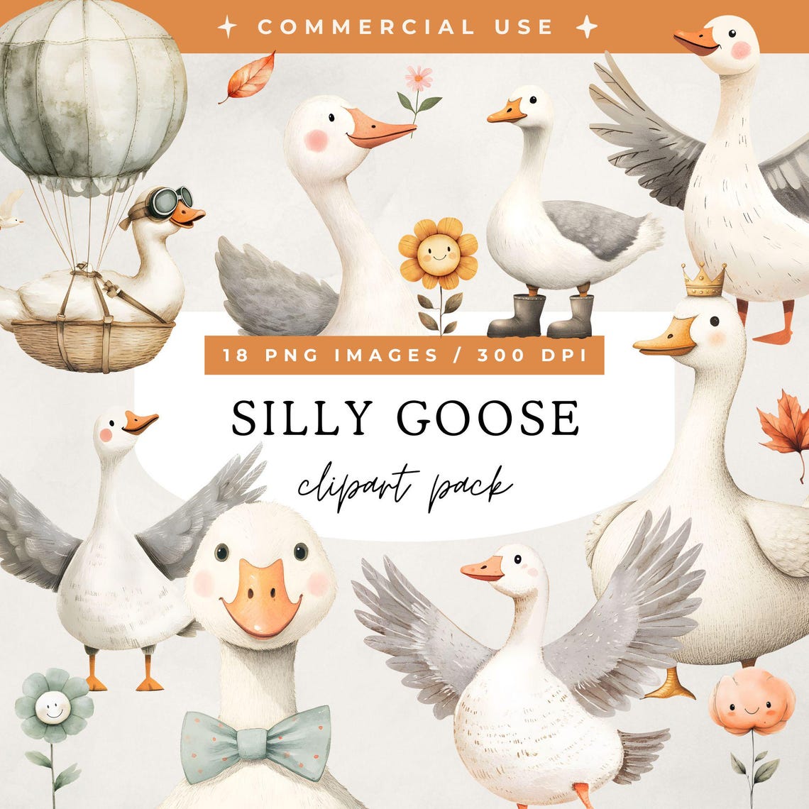 Silly Goose Clipart Bundle, Watercolor Funny Geese PNG, Cute Animals ...