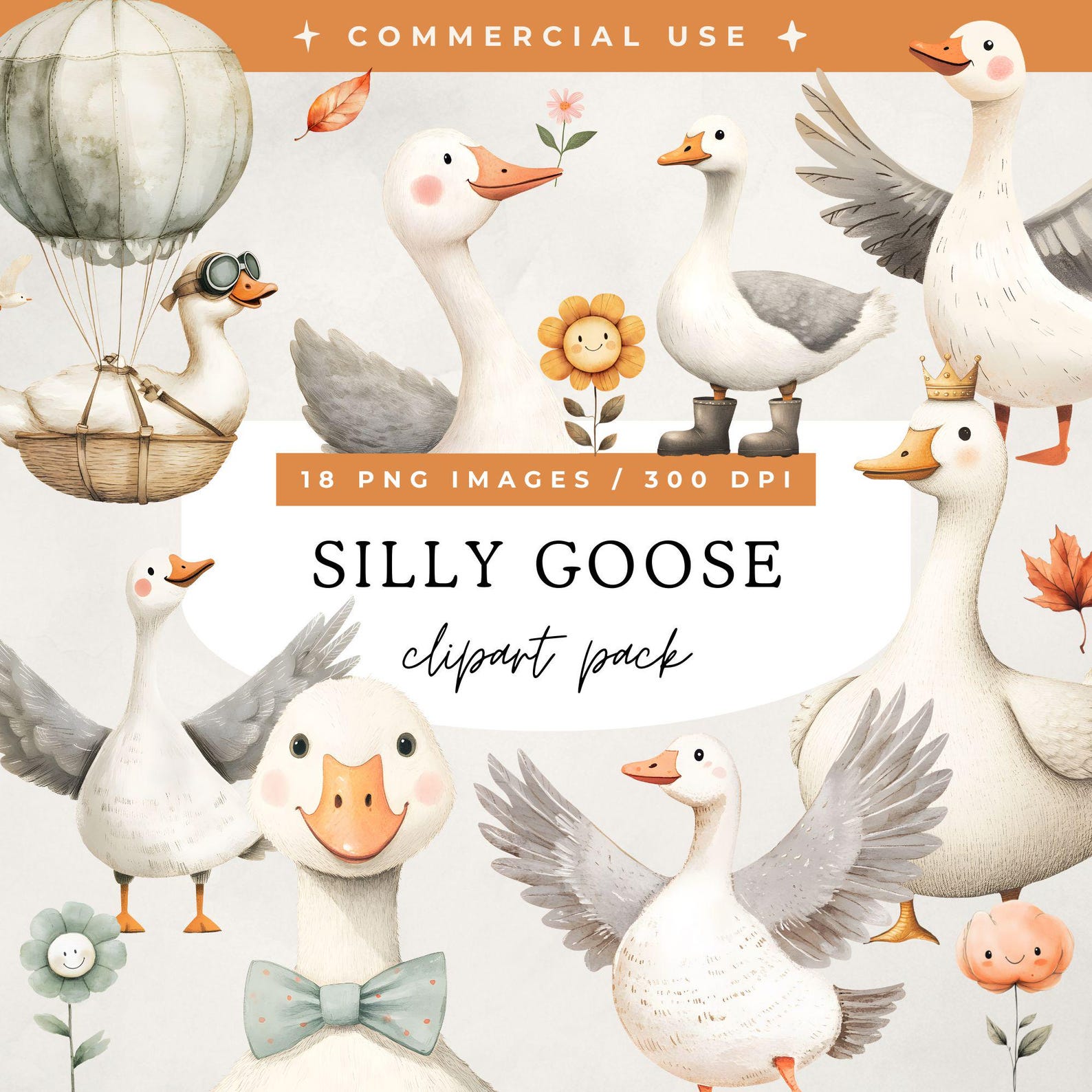 Silly Goose Clipart Bundle, Watercolor Funny Geese PNG, Cute Animals ...