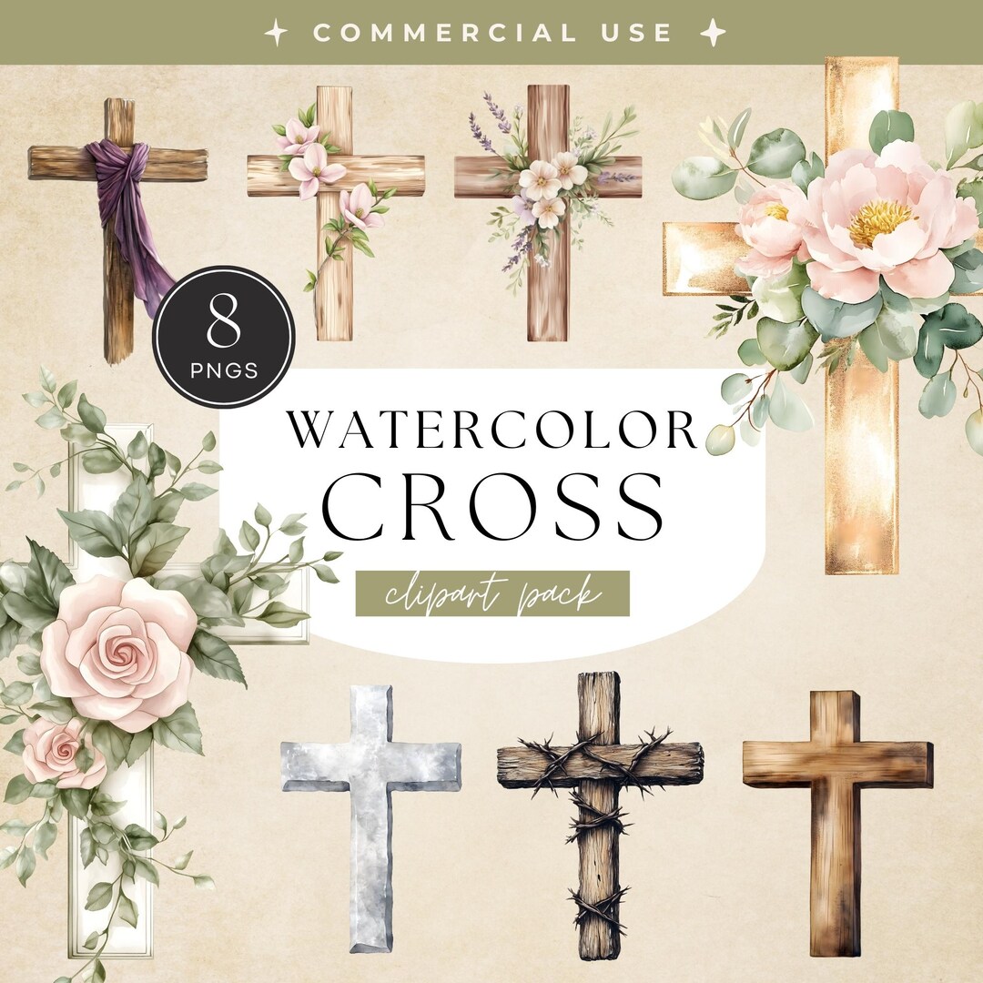 Watercolor Cross Clipart Set, Christian Religion, Floral Wooden Cross ...
