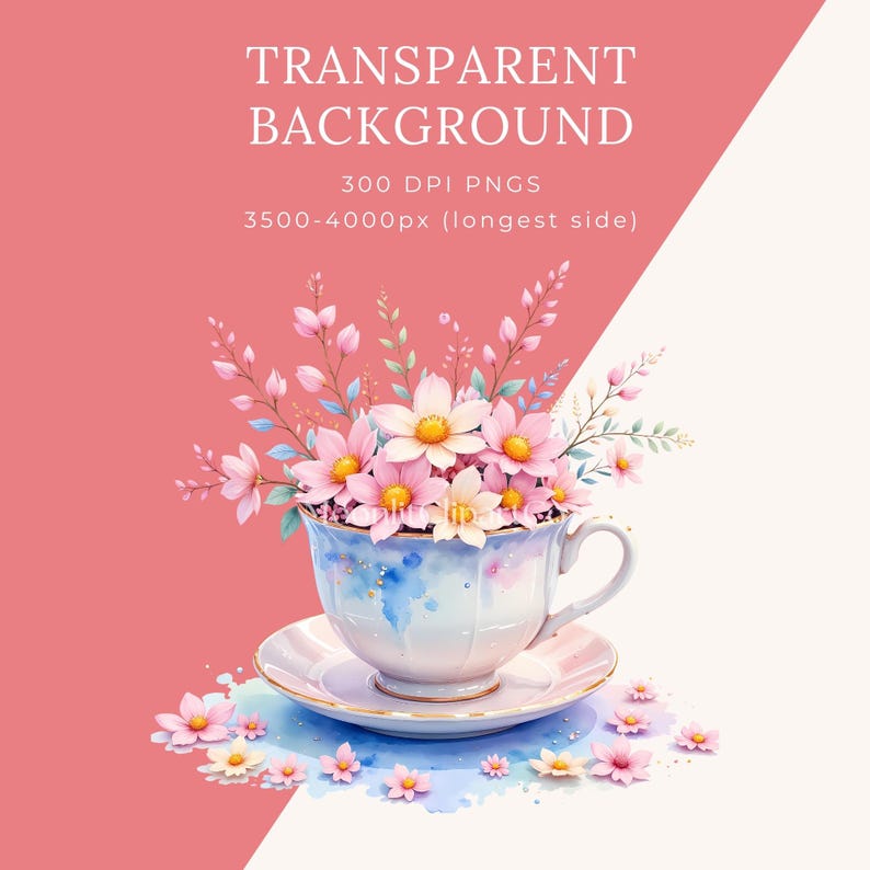 Floral Teacups Clipart Pack, Watercolor Grandmillennial High Tea Party ...