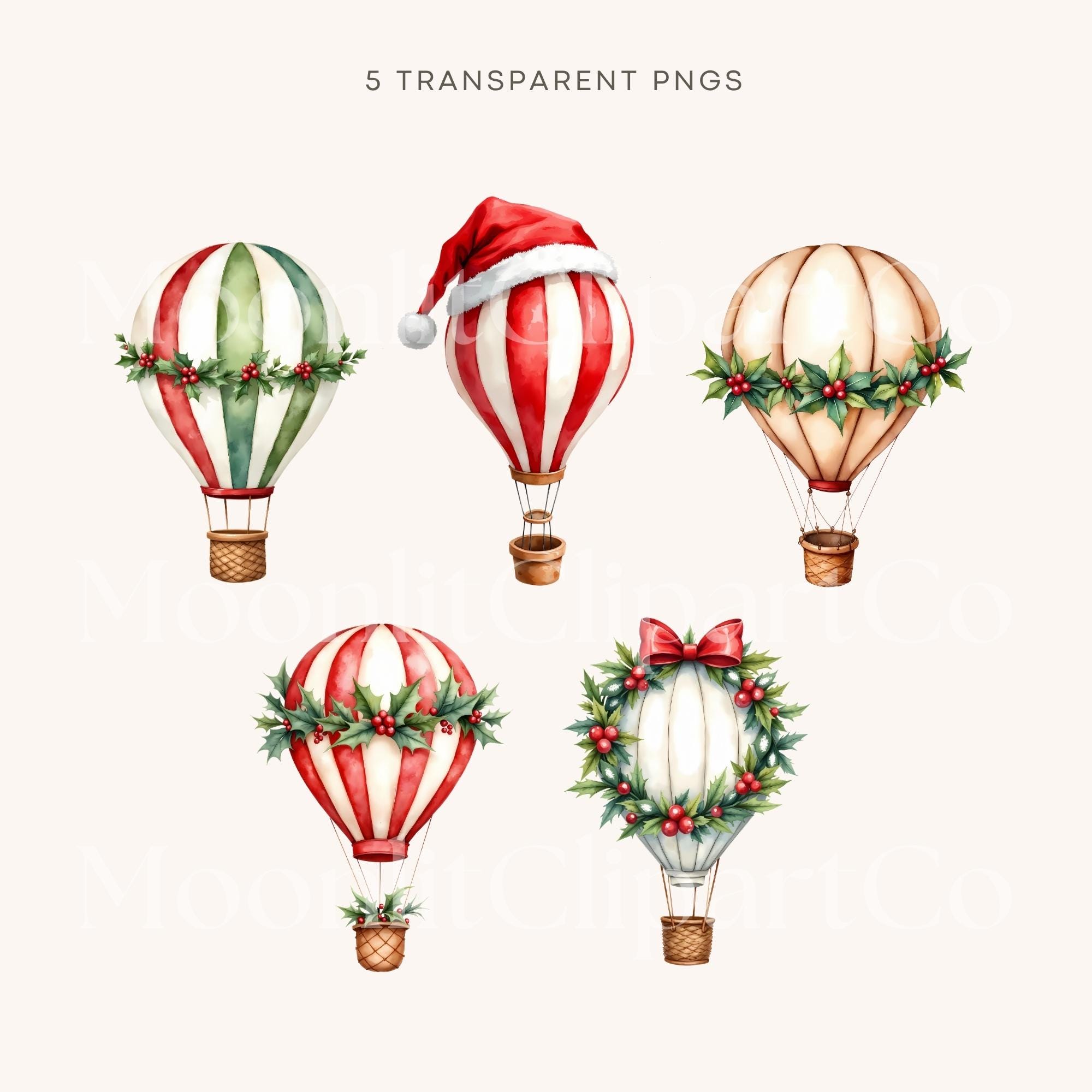 Xmas Hot Air Balloons Clipart Pack, Watercolor Festive Christmas PNG ...