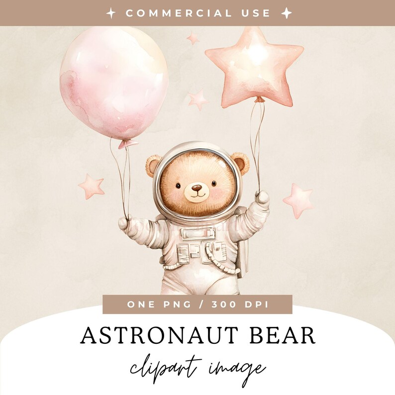 Astronaut Bear Clipart | SINGLE IMAGE | Cute Watercolor Teddy, Baby ...