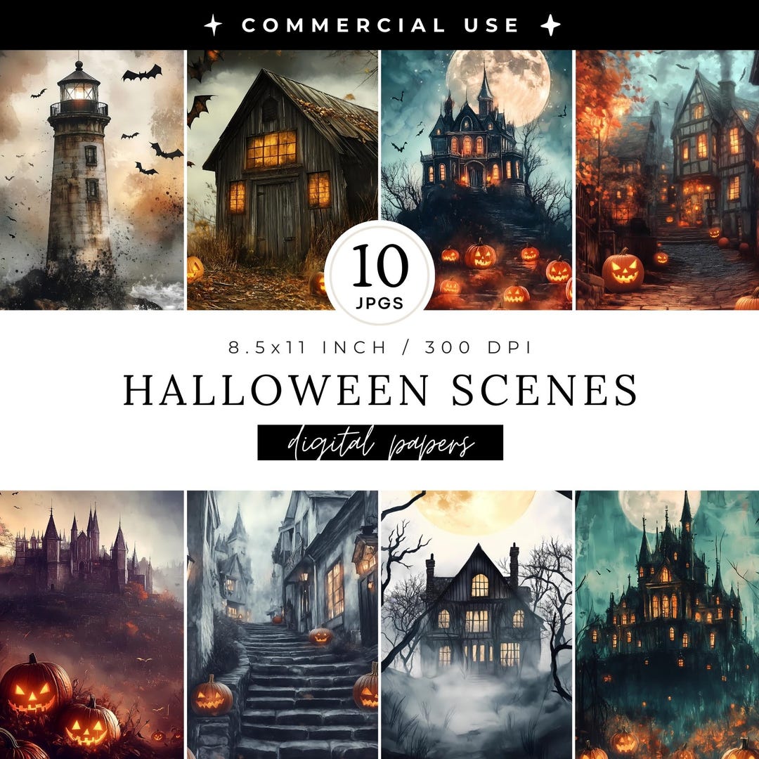 Halloween Scenes Digital Paper Textures, Watercolor Haunted Mansion ...