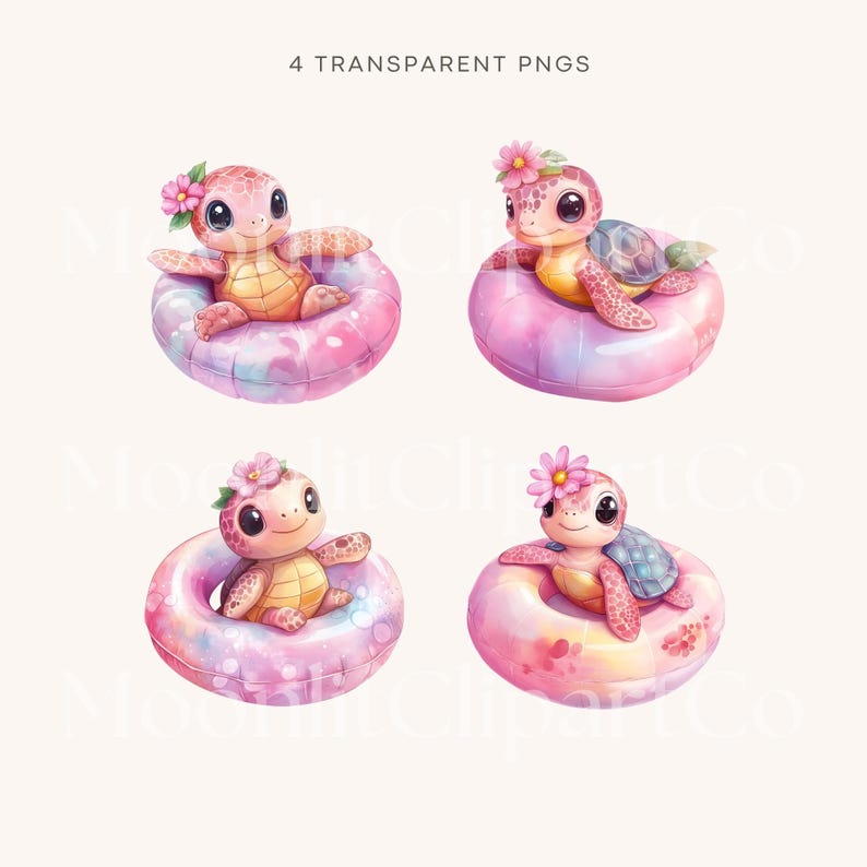 Pink Turtle Pool Party Clipart Pack, Watercolor Sea Animal, Cute Baby ...